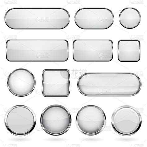 白色玻璃按钮，金属框架。3d图标集合