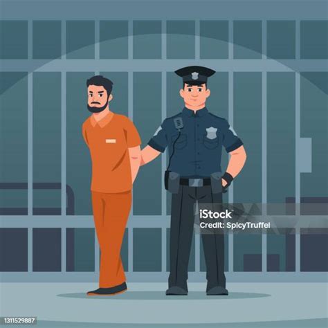 경찰관은 도둑을 체포 경찰관과 산적 경찰관은 감옥에 범죄를 호위 수감자는 유죄 판결을 받은 사람을 감옥으로 이끈다 법률 위반자 처벌 징역의 벡터 장면 가정의 방에 대한 스톡