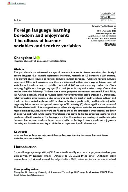 Pdf Foreign Language Learning Boredom And Enjoyment The Effects Of
