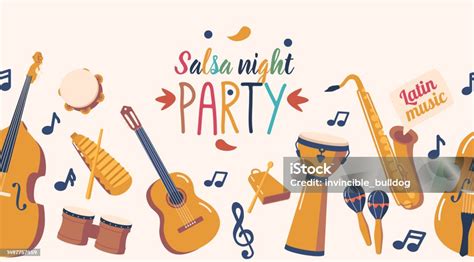 다양한 라틴계 악기 첼로 기타 드럼 마라카스 및 색소폰을 특징으로 하는 생생한 이음매 없는 패턴 Classical Concert