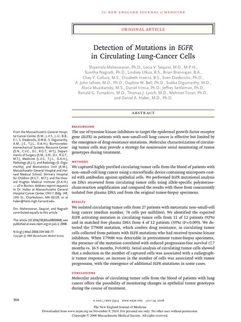 Detection Of Mutations In Egfr In Circulating Lung Cancer Cells Pdf Epidermal Growth Factor