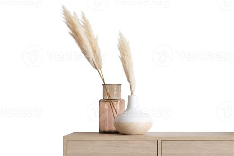 Beige Side Table With Vases And Pampas Grass Isolated On A Transparent Background PNG