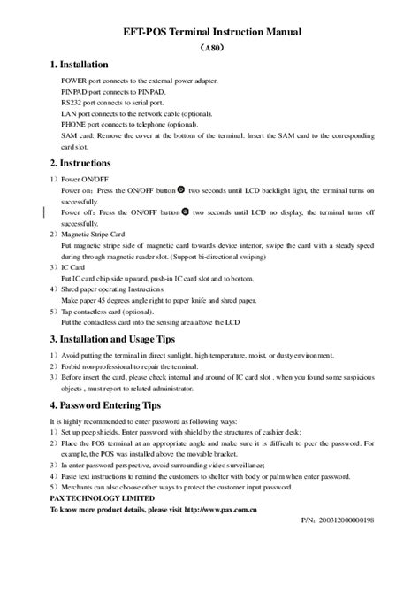 A80 Eft Pos Terminal User Manual Installation Usage Tips And Password Entering Instructions