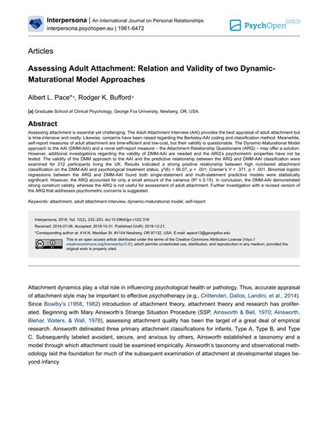 Pdf Assessing Adult Attachment Relation And Validity Of Two Dynamic Maturational Model Approaches