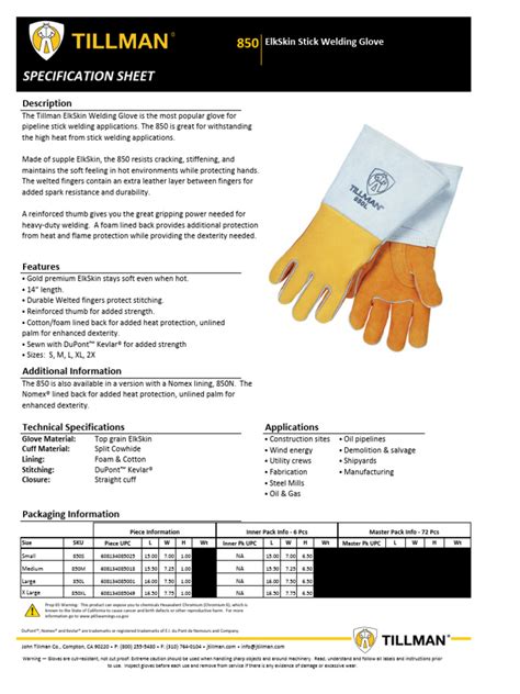 850 Spec Sheet Pdf Glove Welding