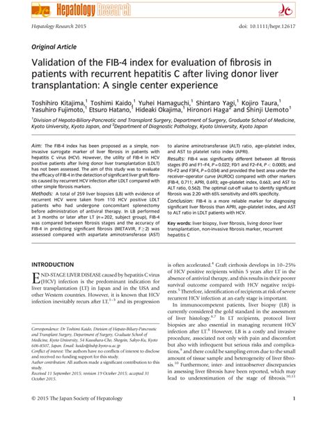 PDF Validation Of The FIB 4 Index For Evaluation Of Fibrosis In Patients With Recurrent