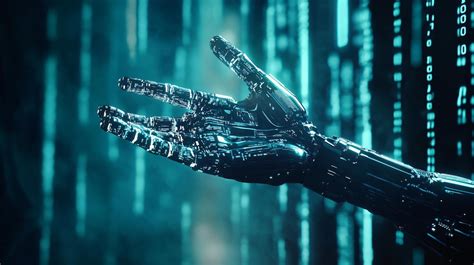 Abstract Binary Code Flowing Around A Robotic Hand Reaching Out