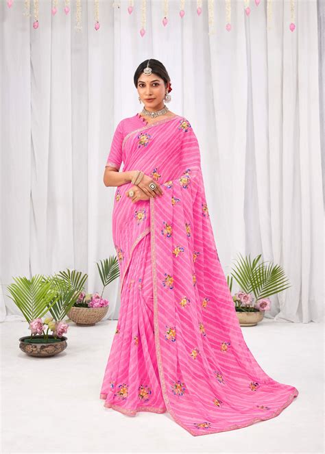 Laxmipati Sushma Floral Embroidered Chiffon Saree In Pink Color With U