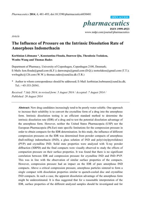 Pdf The Influence Of Pressure On The Intrinsic Dissolution Rate Of Amorphous Indomethacin