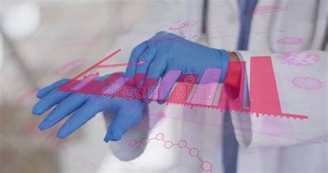Slipping Gloved Hands Of Lab Coat Clad Scientist At Research Lab With Digital Data Overlay
