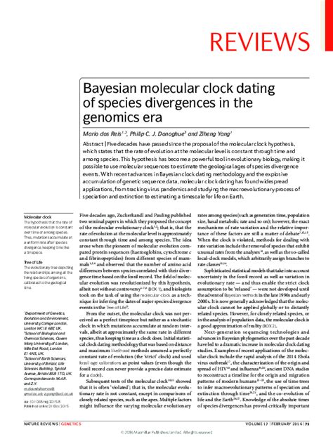 Pdf Bayesian Molecular Clock Dating Of Species Divergences In The Genomics Era