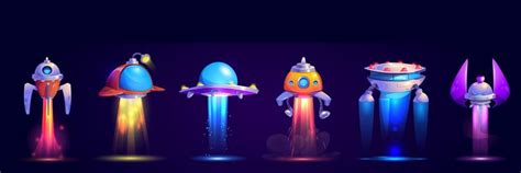 Alien Space Ship Cartoon Game Icon Set Royalty Free Vector