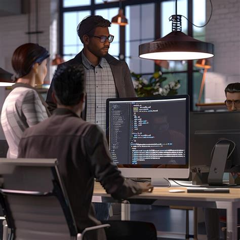 Closeup Of Computer Programmers Discussing Over Computer Monitor In