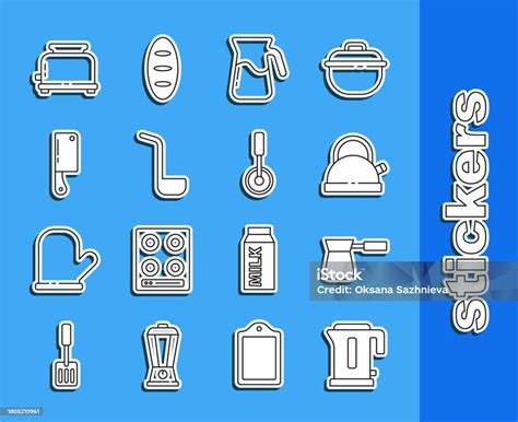 세트 라인 전기 주전자 커피 터크 손잡이가 있는 주전자 주전자 유리 물 주방 국자 고기 다지기 토스터 피자 나이프 아이콘 벡터 가열장치에 대한 스톡 벡터 아트 및 기타