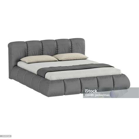 외딴 배경에 베개와 침대가깔인 회색 더블침대가 마련되어 있습니다 3d 렌더링 0명에 대한 스톡 사진 및 기타 이미지 0명