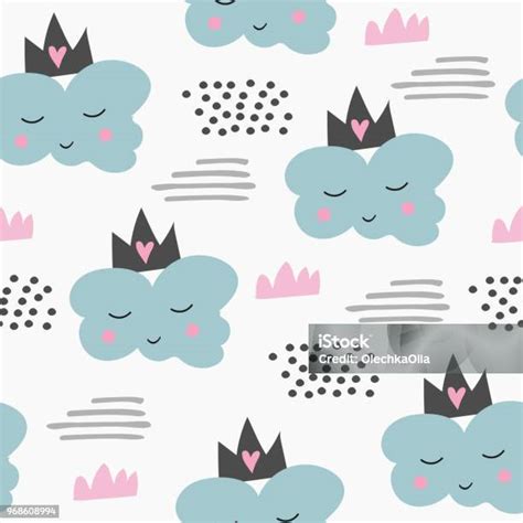 사랑 스러운 구름과 함께 원활한 귀여운 패턴입니다 아이 들을 위한 스 칸디 나 비아 디자인입니다 아이 들 그림 귀여운에 대한 스톡 벡터 아트 및 기타 이미지 Istock