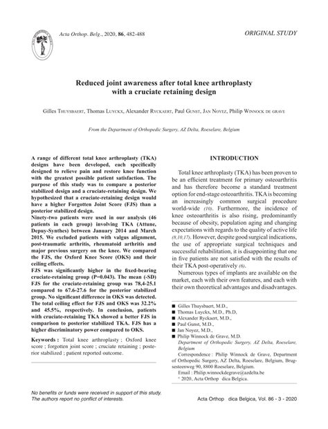 Pdf Reduced Joint Awareness After Total Knee Arthroplasty With A