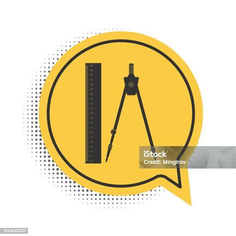 흰색 배경에 격리된 검은색 눈금자 및 드로잉 나침반 아이콘입니다 전문 악기를 그리기 기하학적 장비 교육 표지판 노란색 음성 버블 기호입니다 벡터 각도에 대한 스톡 벡터 아트