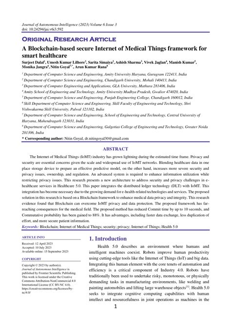 PDF A Blockchain Based Secure Internet Of Medical Things Framework For Smart Healthcare