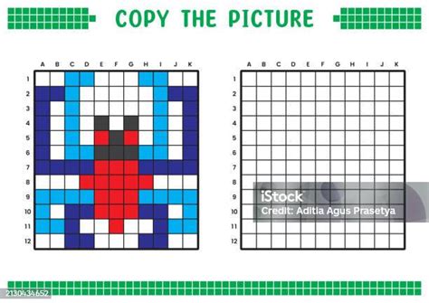 그림을 복사하고 그리드 이미지를 완성합니다 사각형으로 그리는 교육용 워크시트 셀 영역 색칠 어린이의 유치원 활동 만화 벡터 픽셀 아트 타란튤라의 그림 개발에 대한 스톡 벡터
