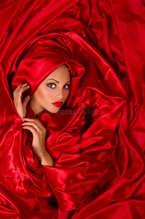 Sensual Face In Red Satin Fabric Stock Image Image Of Portrait Woman