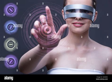 Techno Girl Pressing Virtual Buttons Stock Photo Alamy