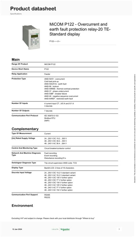 Micom P122 Protection Relay Datasheet