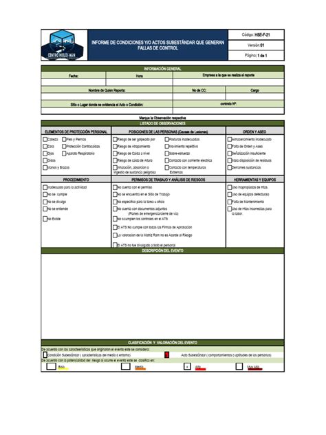 hse f 21 informe de condiciones actos subestándar generan fallas de c