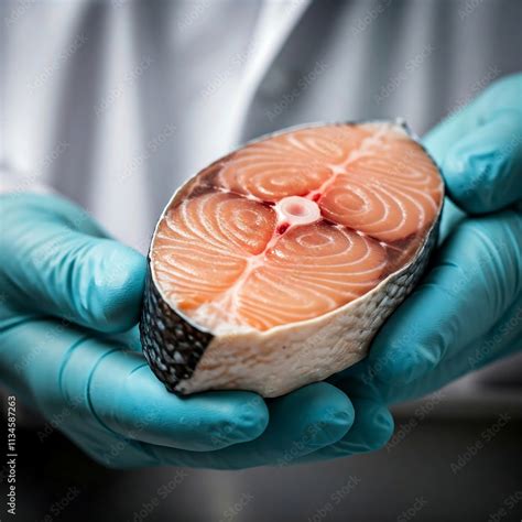 Close Up Of Lab Grown Fish Fillet Being Inspected By A Scientist