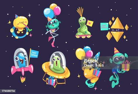 외계인 우주 파티 외계 우주선의 외계인 괴물 아이 캐릭터 귀여운 Ufo 멋진 작은 어리석은 미친 생물 우주 공간의 어린이 생일