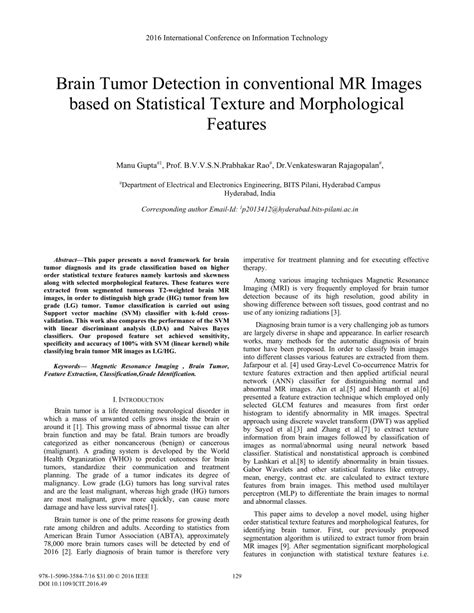 PDF Brain Tumor Detection In Conventional MR Images Based On Statistical Texture And