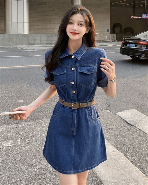무료당일출고 봄 여름 썸머 반팔 셔츠 진청 데님 파랑 파란 청 벨트 미니 원피스