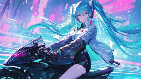 K Hd Wallpaper Futuristic Racer Hatsune Miku With Hoverbike Under Neon Lights