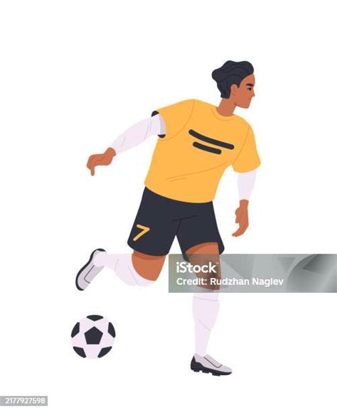 축구 선수 강하고 빠른 남자 선수가 유럽 축구 리그에서 뛰고 있습니다 남자가 달리고 공을 치고 스포츠 및 활동 평면 벡터 일러스트 레이 션 Championship에 대한