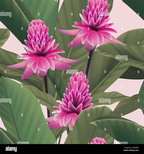 Red Ginger With Leaves Various Tropical Abstract Leaves Seamless