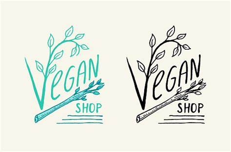 채식주의 자 레터링 또는 문구 로고 유기농 비건 라벨 농장 녹색 요소 벡터 일러스트레이션 레스토랑에서 스티커 또는 티셔츠 또는 메뉴에 대한 배지 오래된 스케치에 그려진