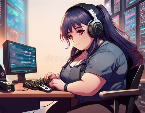 Woman Playing Video Games And Coding Software In Anime Style