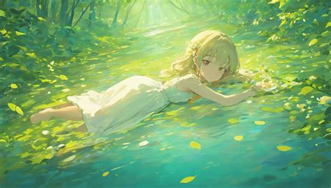 숲 속의 땅에 누워 있는 애니메이션 소녀 Seaart Ai