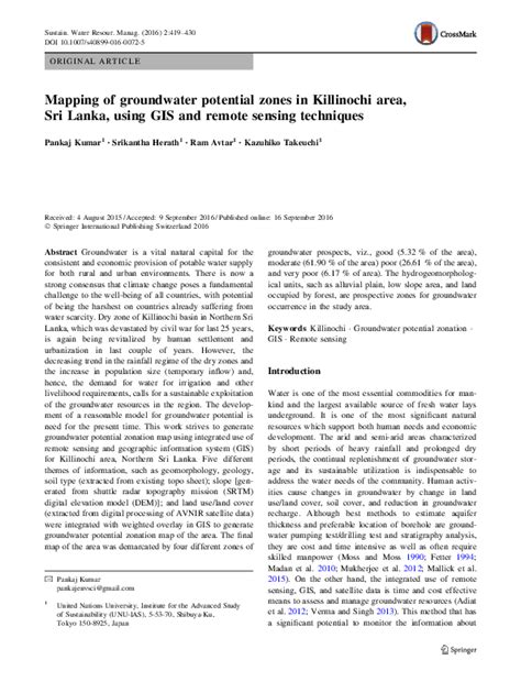 Pdf Mapping Of Groundwater Potential Zones In Killinochi Area Sri