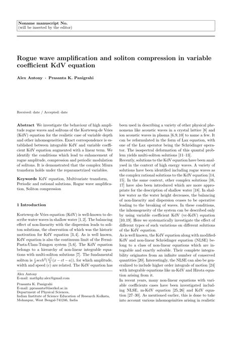 Pdf Rogue Wave Amplification And Soliton Compression In Variable Coefficient Kdv Equation
