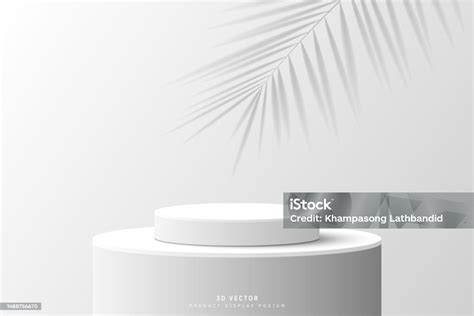 3d 흰색 회색 실린더 연단 받침대는 야자수 잎 그림자 배경이 있는 거대한 둥근 받침대에 현실적으로 배치됩니다 제품 모형 또는