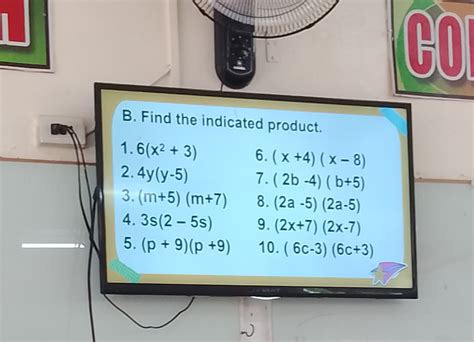 SOLVED: B. Find the indicated product. 1. 6(x^2+3) 2. 4 y(y-5) 6. (x+4)(x-8) 3. (m+5)(m+7) 7. (2 ...