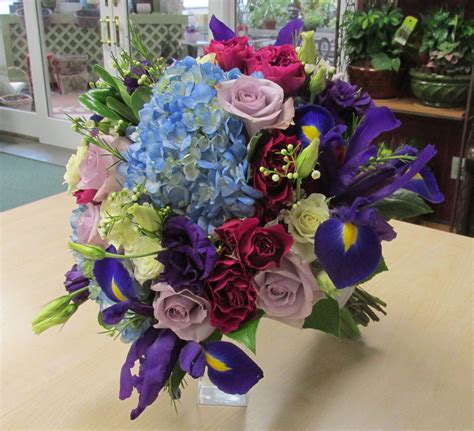Colorful Wedding Bouquet With Iris Roses And Hydrangeas Iris And