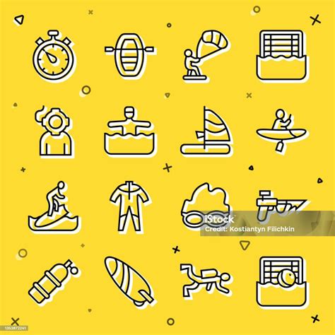 세트 라인 워터 폴로 낚시 작살 카약과 패들 카이트 서핑 체조 아쿠아룽 스톱워치 및 윈드 서핑 아이콘 벡터 물안경에 대한 스톡