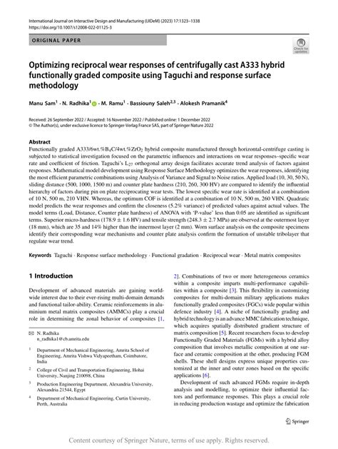 Optimizing Reciprocal Wear Responses Of Centrifugally Cast A333 Hybrid Functionally Graded