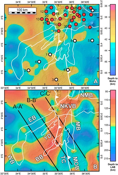Depth To The Moho A And The Lithosphere Asthenosphere Boundary Lab Download Scientific