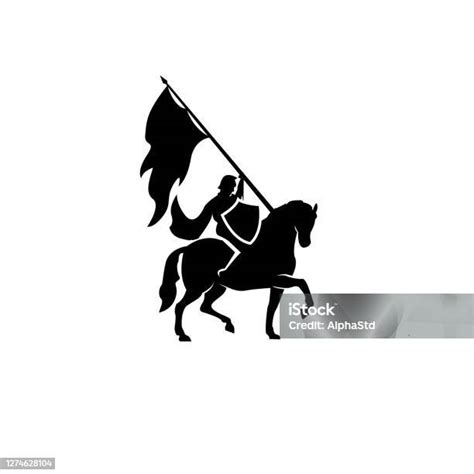 갑옷을 입은 전쟁 기사 병사가 깃발을 들고 말 로고 아이콘 디자인 플랫 벡터 템플릿 일러스트레이션 실루엣 흰색 배경으로 전쟁을 간다 검투사에 대한 스톡 벡터 아트 및 기타