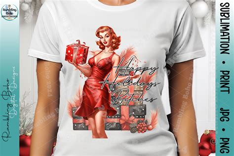 Happy Holidays Sexy Pinup Wine Drinking Graphic By Ramblingboho