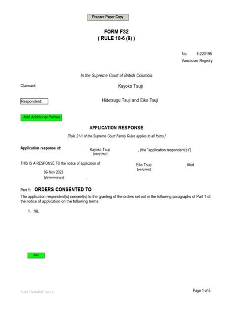 Form F32 Rule 10 6 9 In The Supreme Court Of British Columbia