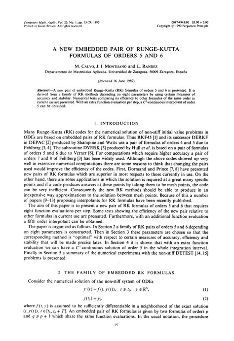 Pdf A New Embedded Pair Of Runge Kutta Formulas Of Orders 5 And 6